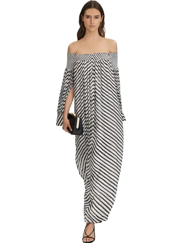 REISS Fabia Striped Bardot Maxi Dress - Black/cream