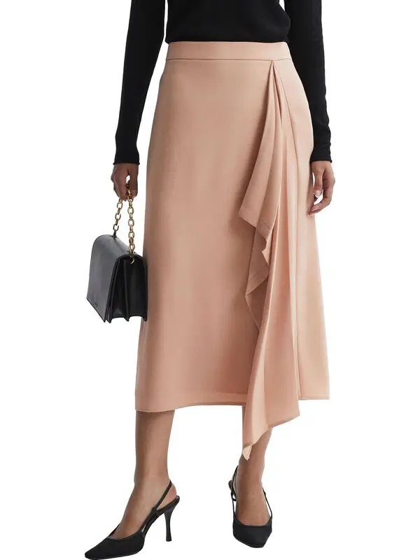 REISS Ash High-rise Ruffle Midi Skirt - Camel