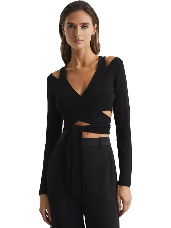 REISS Camille Tie-front Crop Top - Black