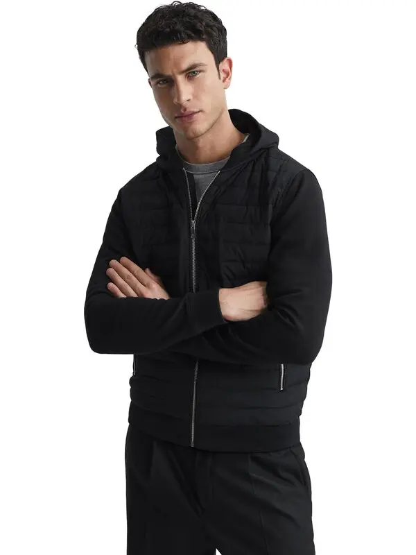 REISS Taylor Hybrid Zip-through Hooded Jacket - Black