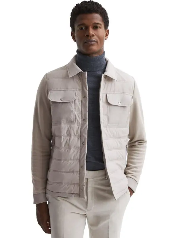 REISS Roddie Long Sleeve Quilted Hybrid Jacket - Stone
