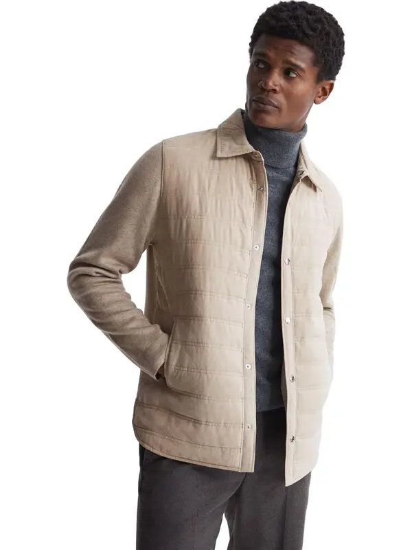REISS Wandsworth Alcantara Quilted Hybrid Jacket - Oatmeal