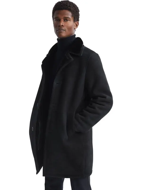 OSCAR JACOBSON Leather Suede Coat With Lambswool Lining - Black