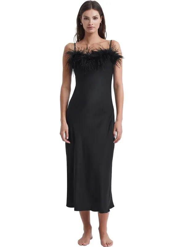 Sleeper Feather Trim Midi Slip Dress - Black