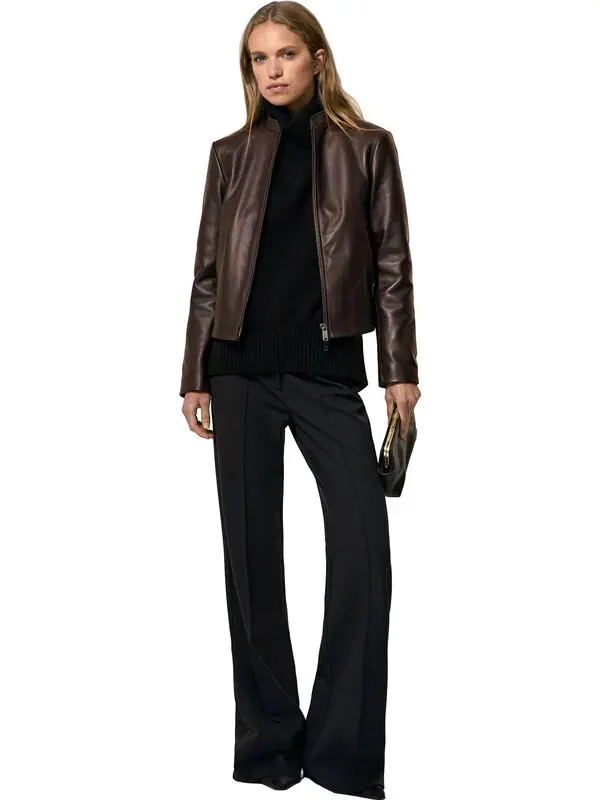 REISS Allie Petite Leather Biker Jacket - Chocolate Brown