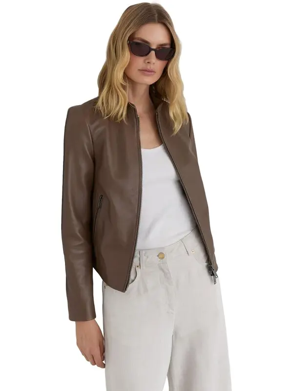 REISS Allie Petite Leather Biker Jacket - Taupe Neutral