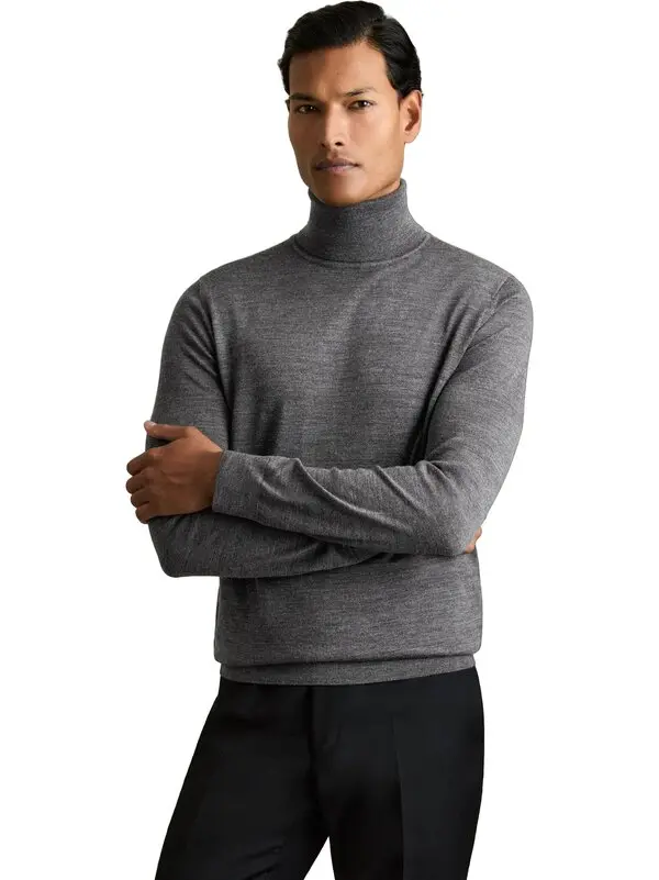 REISS Merino Wool Roll-neck Jumper - Mid Grey Melange