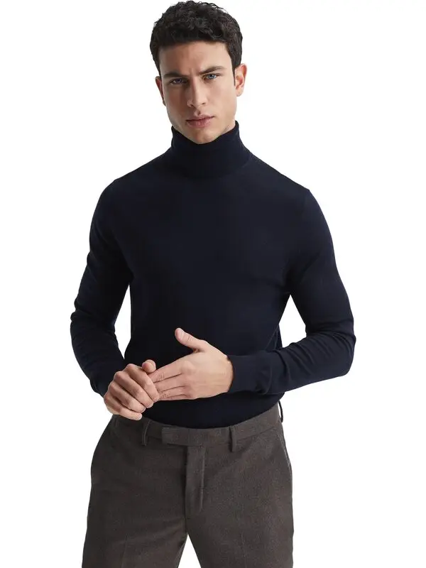 REISS Merino Wool Roll-neck Jumper - Navy