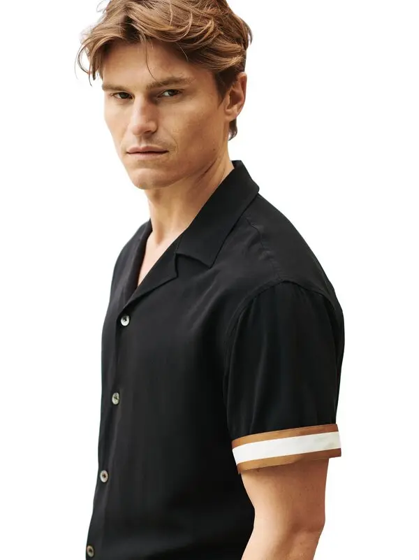 REISS Che Valbonneche Che Contrast Cuff Cuban Collar Shirt - Black