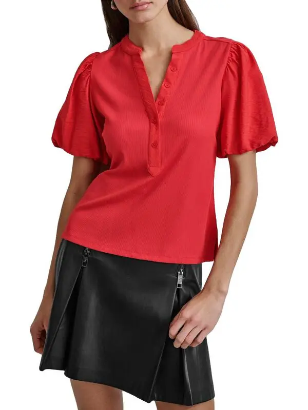 Dkny Puff Sleeve Mixed Media Henley Top - Flame