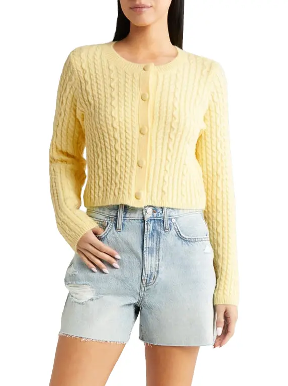 ALL IN FAVOR Crop Cable Cardigan - Lemon