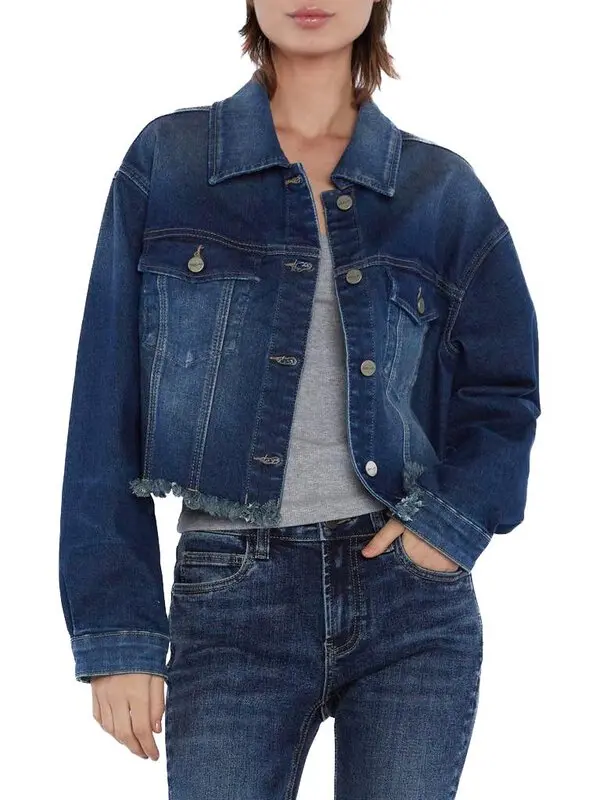 HINT OF BLU Frayed Crop Denim Jacket - Porto Blue