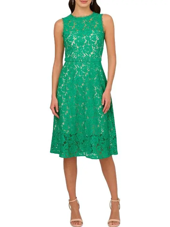 Adrianna Papell Belted Lace Midi Dress - Botanic Green