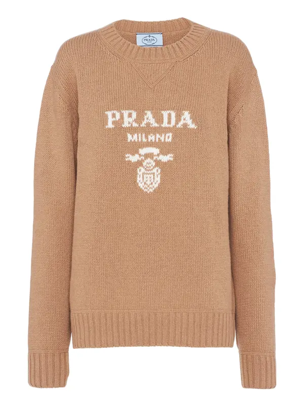 Prada Cashmere And Wool Logo Crew-neck Sweater - Camel Brown