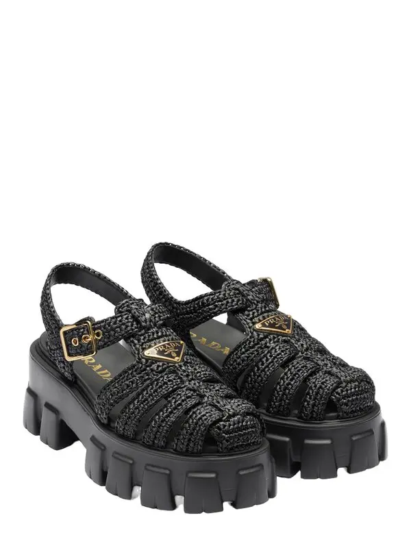 Prada Monolith Crochet Cage Sandals - Black