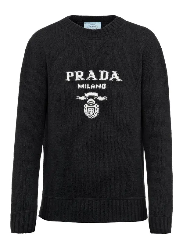 Prada Cashmere And Wool Crew-neck Sweater With Intarsia Logo - Black