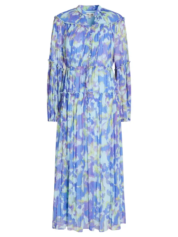 Diane Von Furstenberg Link Tiered Printed Plissé Chiffon Midi Dress - Light Blue