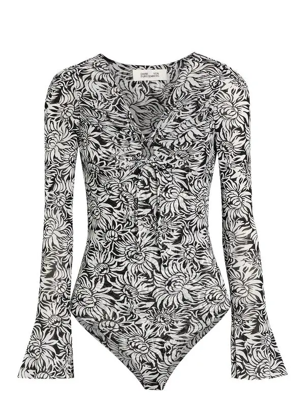 Diane Von Furstenberg Lyric Floral-print Stretch-mesh Bodysuit - Black