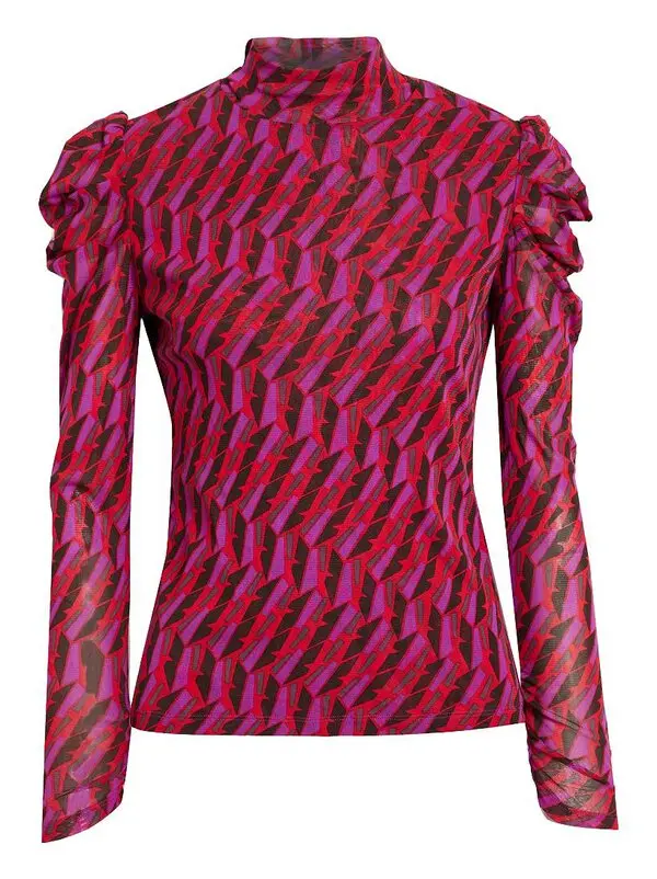 Diane Von Furstenberg Remy Printed Mesh Turtleneck Top - Magenta