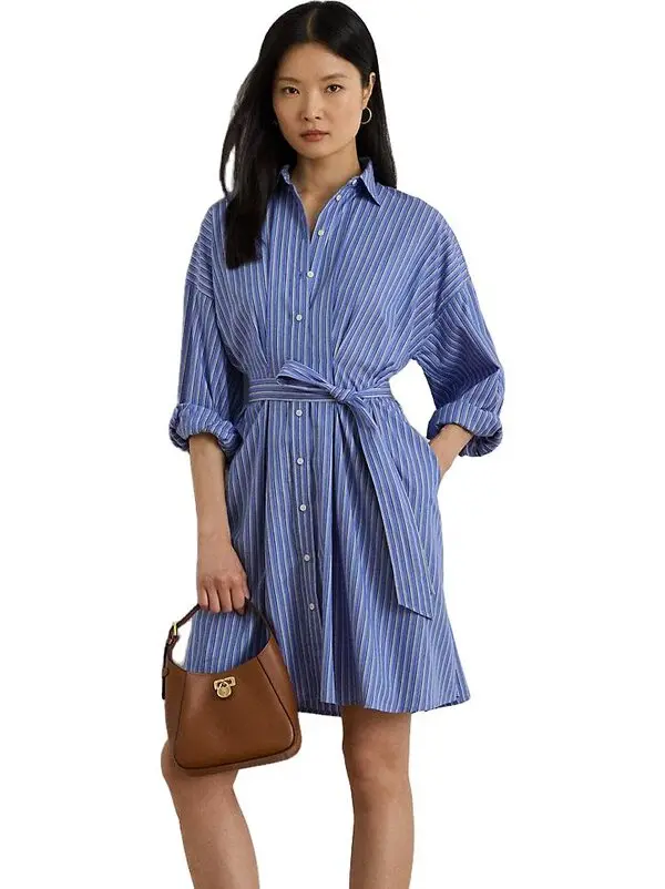 Ralph Lauren Striped Belted Broadcloth Shirtdress - Blue Multi