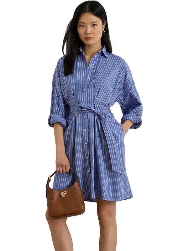 Ralph Lauren Striped Belted Broadcloth Shirtdress - Blue Multi