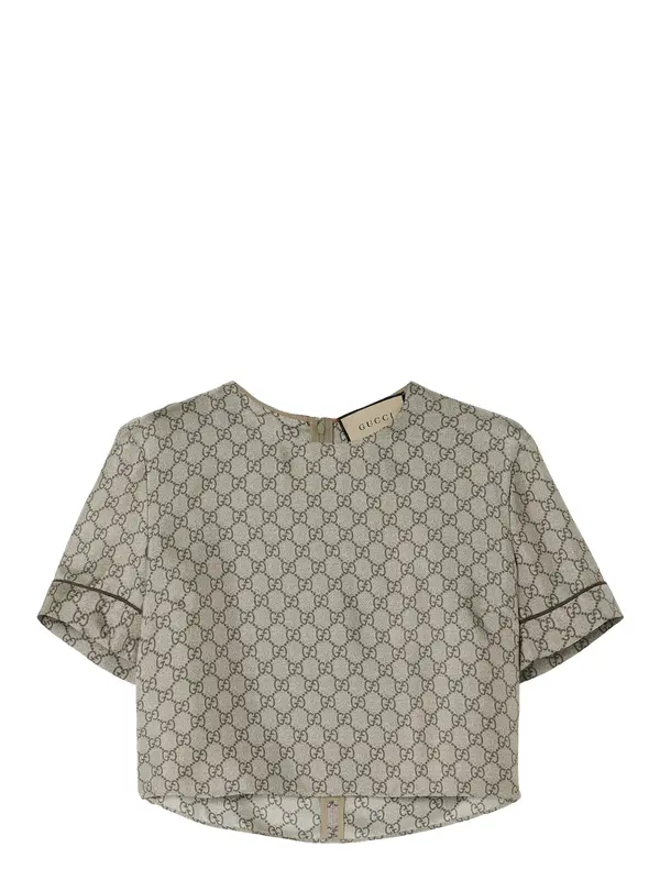 Gucci Gg Supreme Cropped Printed Silk-twill Top - Brown