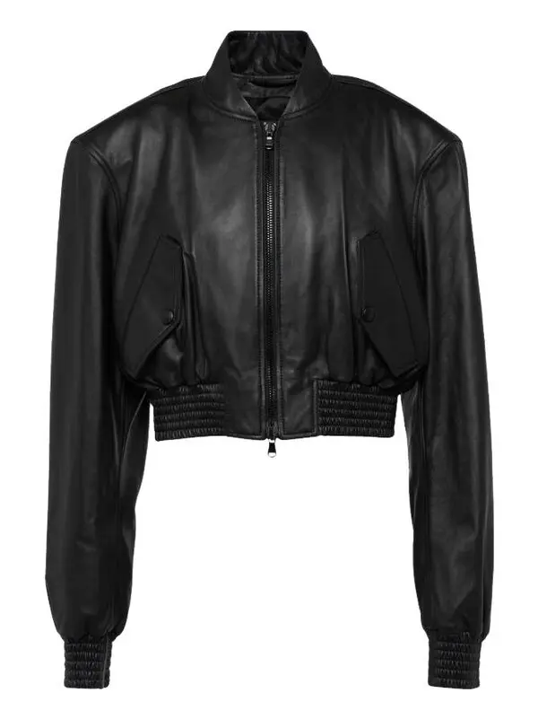 Wardrobe.NYC Cropped Leather Bomber Jacket - Black