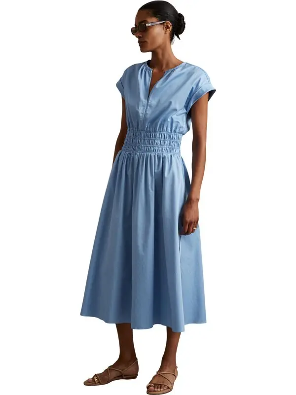 REISS Lena Petite Cotton Ruched Waist Midi Dress - Blue