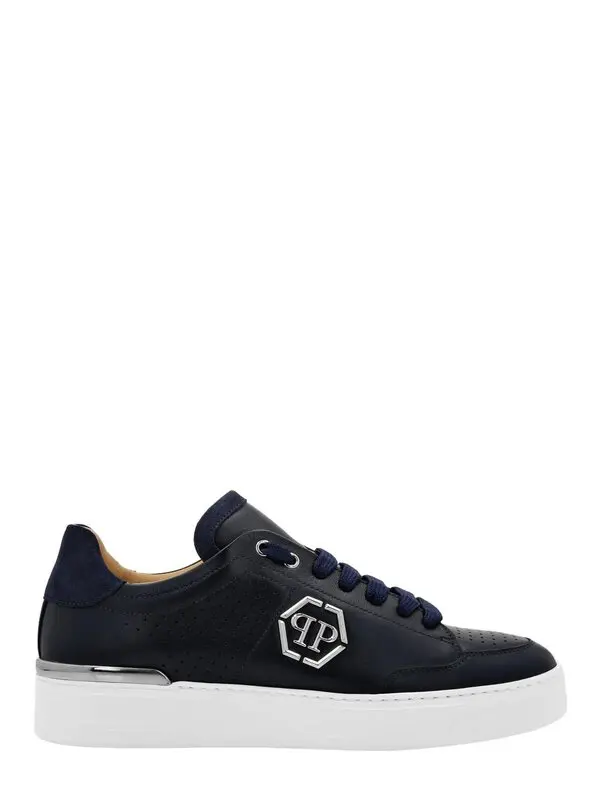 Philipp Plein Leather Low-top Sneakers With Monogram Pattern And Hexagon Logo - Blue