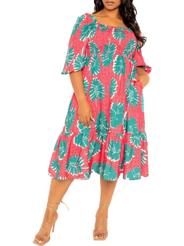 BUXOM COUTURE Print Smocked Midi Dress - Pink Multi