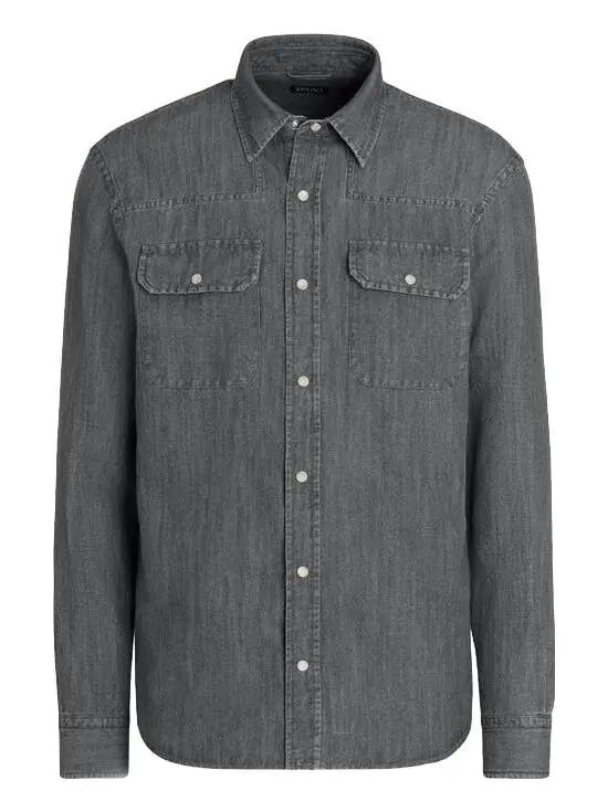 Zegna Cotton & Linen Chambray Snap-up Shirt - Grey