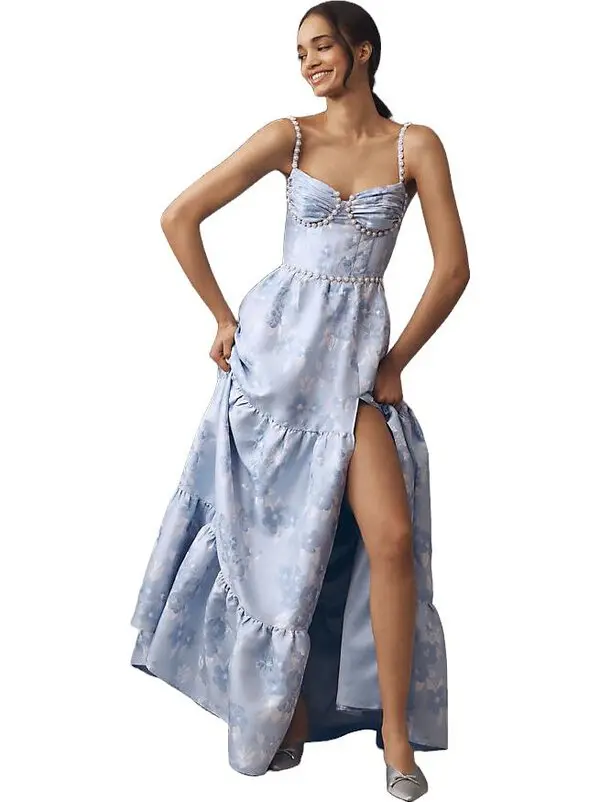 V. CHAPMAN Lucetta Corset Tiered Maxi Dress - Blue
