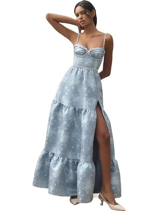 V. CHAPMAN Lucetta Corset Tiered Maxi Dress - Medium Denim