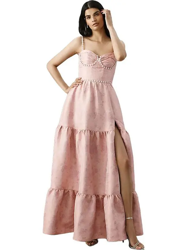 V. CHAPMAN Lucetta Corset Tiered Maxi Dress - Pink Windsor Brocade