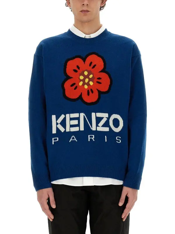 Kenzo Regular Fit Wool Jersey With 'boke Flower' Embroidery - Blue
