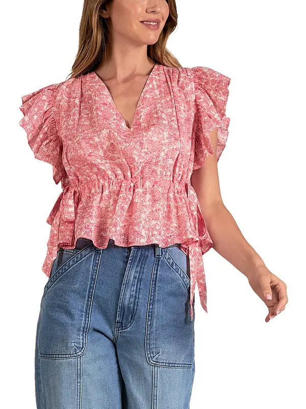 Elan Floral Ruffle Sleeve Side Tie Top - Pink Santa Fe