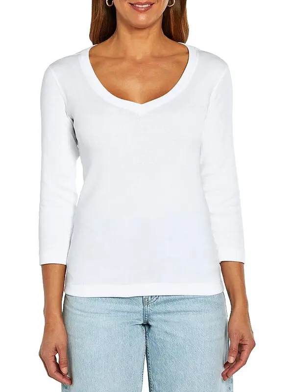 Three Dots Cotton V-neck Tee - White