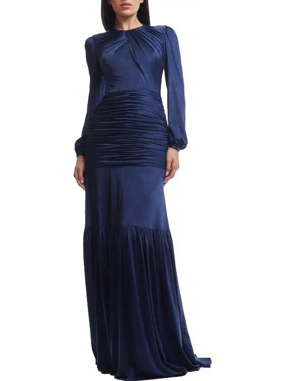 Dress The Population Lucille Pleated Ruched Long Sleeve Gown - Midnight Blue