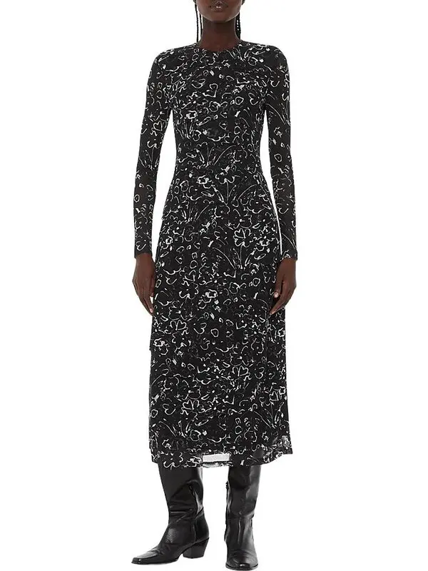 Whistles Long Sleeve Printed Midi Dress - Blackmulti