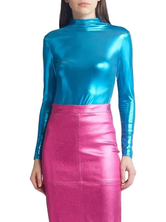 NIKKI LUND Liquid Metallic Mock Neck Top - Blue