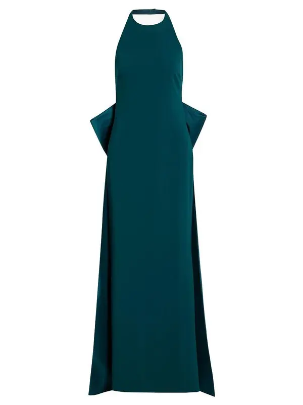 Badgley Mischka Bow-detailed Scuba Halterneck Gown - Petrol