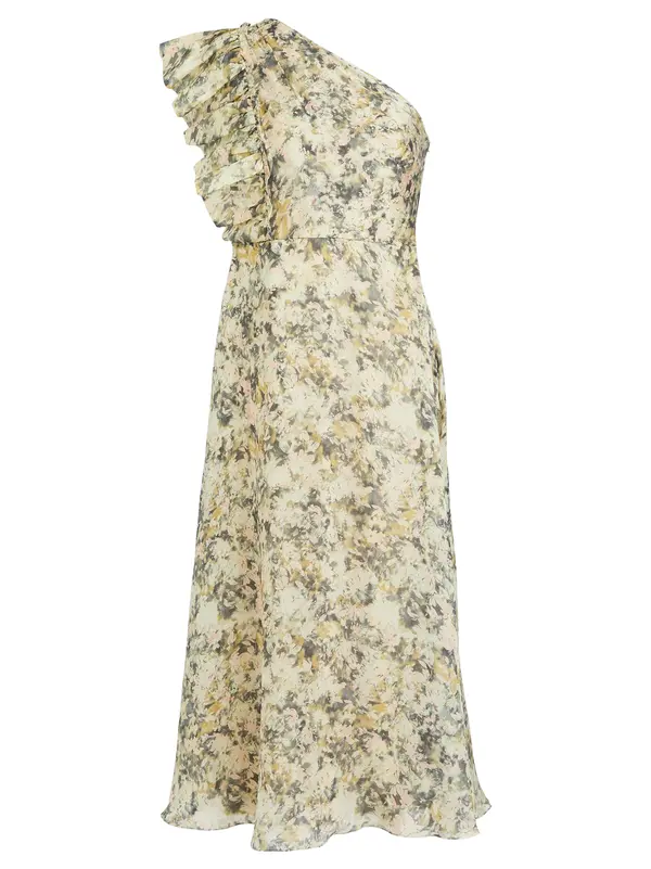 MIKAEL AGHAL One-shoulder Floral-print Crepe De Chine Midi Dress - Sage Green