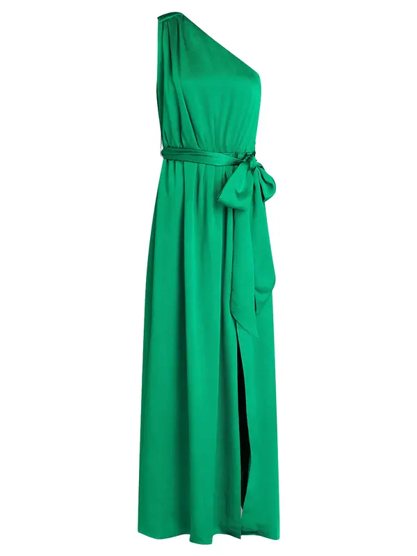 Monique Lhuillier One-shoulder Hammered-satin Maxi Dress - Jade