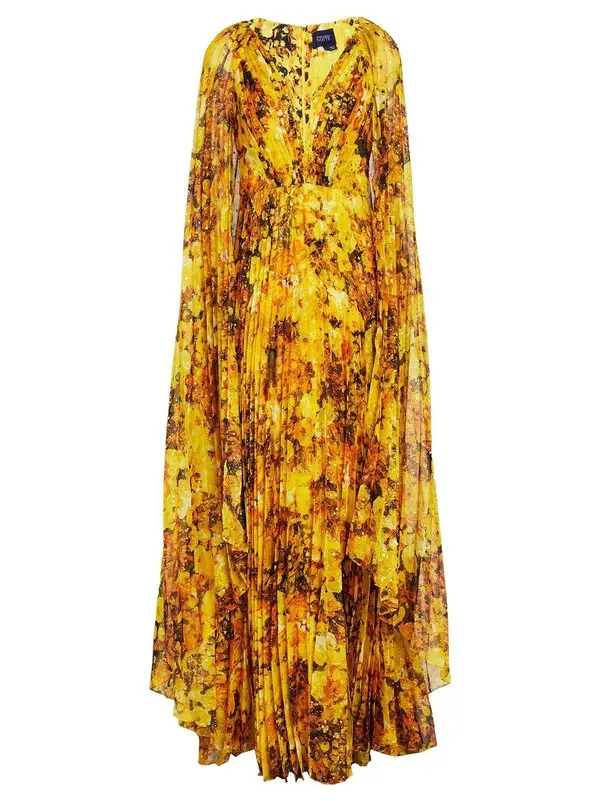 Marchesa Cape-effect Floral-print Gown - Saffron