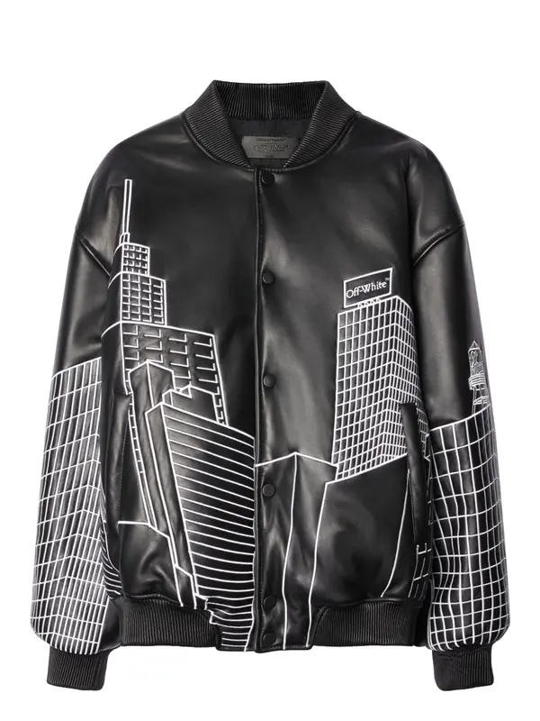 Off-White Skyline Leather Bomber Jacket - Black