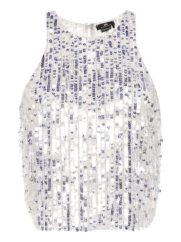 Elisabetta Franchi Sequined Tulle Top - Silver