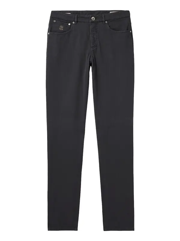 Brunello Cucinelli Straight-leg Logo-embroidered Cotton-gabardine Trousers - Black