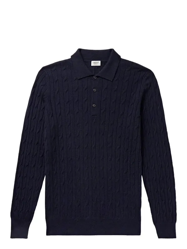 GHIAIA Cable-knit Cashmere Polo Shirt - Blue