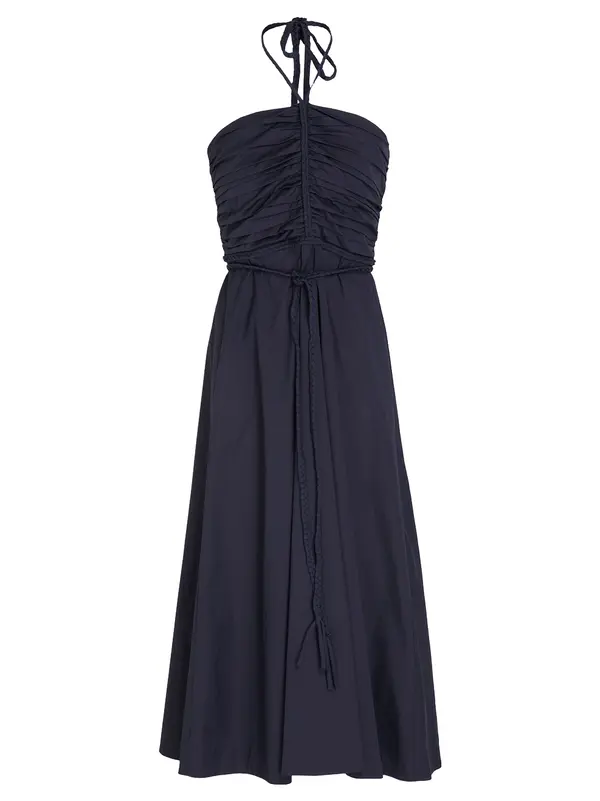 Veronica Beard Tucker Ruched Halterneck Midi Dress - Navy