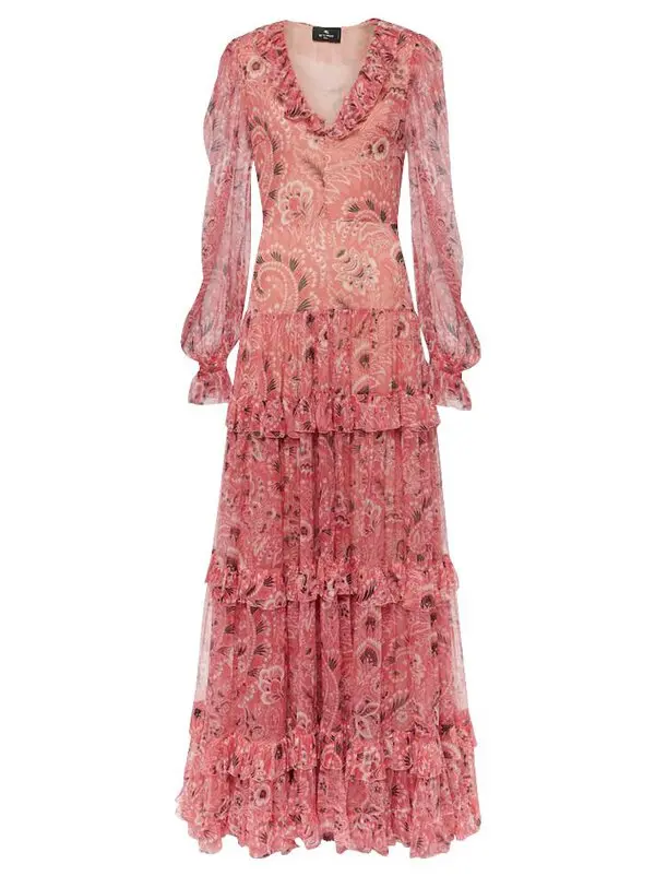 Etro Ruffled Tiered Paisley Silk Gown - Pink
